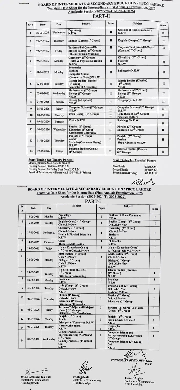 BISE Punjab Announces 11th & 12th Class Tentative Date Sheet 2026 for ...