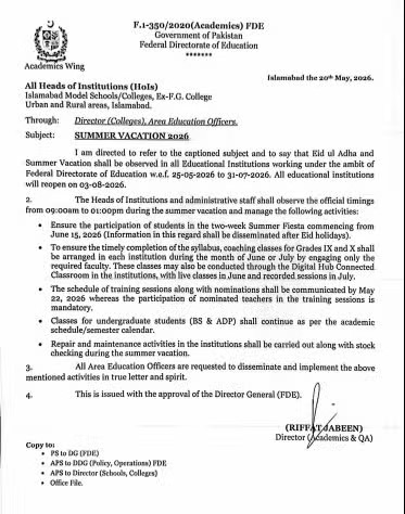 Islamabad Announces Eid ul Azha & Summer Holidays 2026 for Schools ...