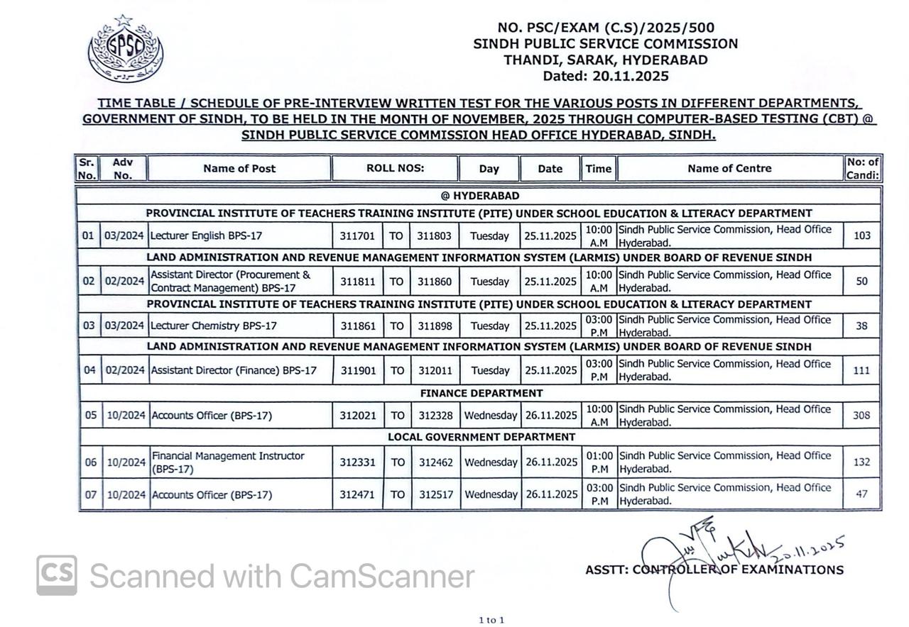 SPSC Announces Schedule for Pre-Interview Written Tests for Key ...